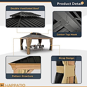 HAPPATIO 12' x 16' Hardtop Gazebo Wood Grain Gazebo with Aluminum Frame, Outdoor Gazebo with Galvanized Steel Double Roof for Deck, Backyard, Patio, Lawns (Beige)