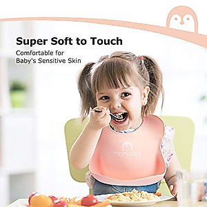 Momcozy Baby Silicone Bibs Easily Clean Set of 3, Soft Adjustable Toddler Silicone Bibs for Babies Girl and Boy, Waterproof, Pinkish Orange, Light Blue and Light Grey