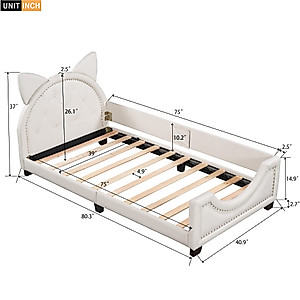 DREAMODERN Kids Twin Bed Frame with Headboard, Wood Cute Platform Bed Frame Upholstered Daybed with Carton Ears Shaped Headboard for Kids Girls Boys No Box Spring Needed - Beige