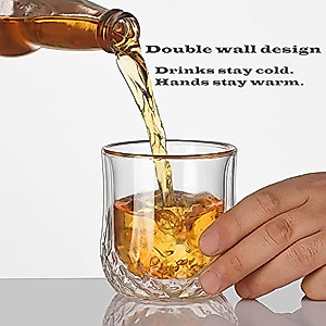 Double Wall Glasses Set of 2 for Men Women Drinking Whiskey Bourbon Scotch Cocktails Cold Drinks No Sweat Insulated Tumbler Stemless Wine Glasses Clear Cup in Gift Box Freezer Safe 8OZ