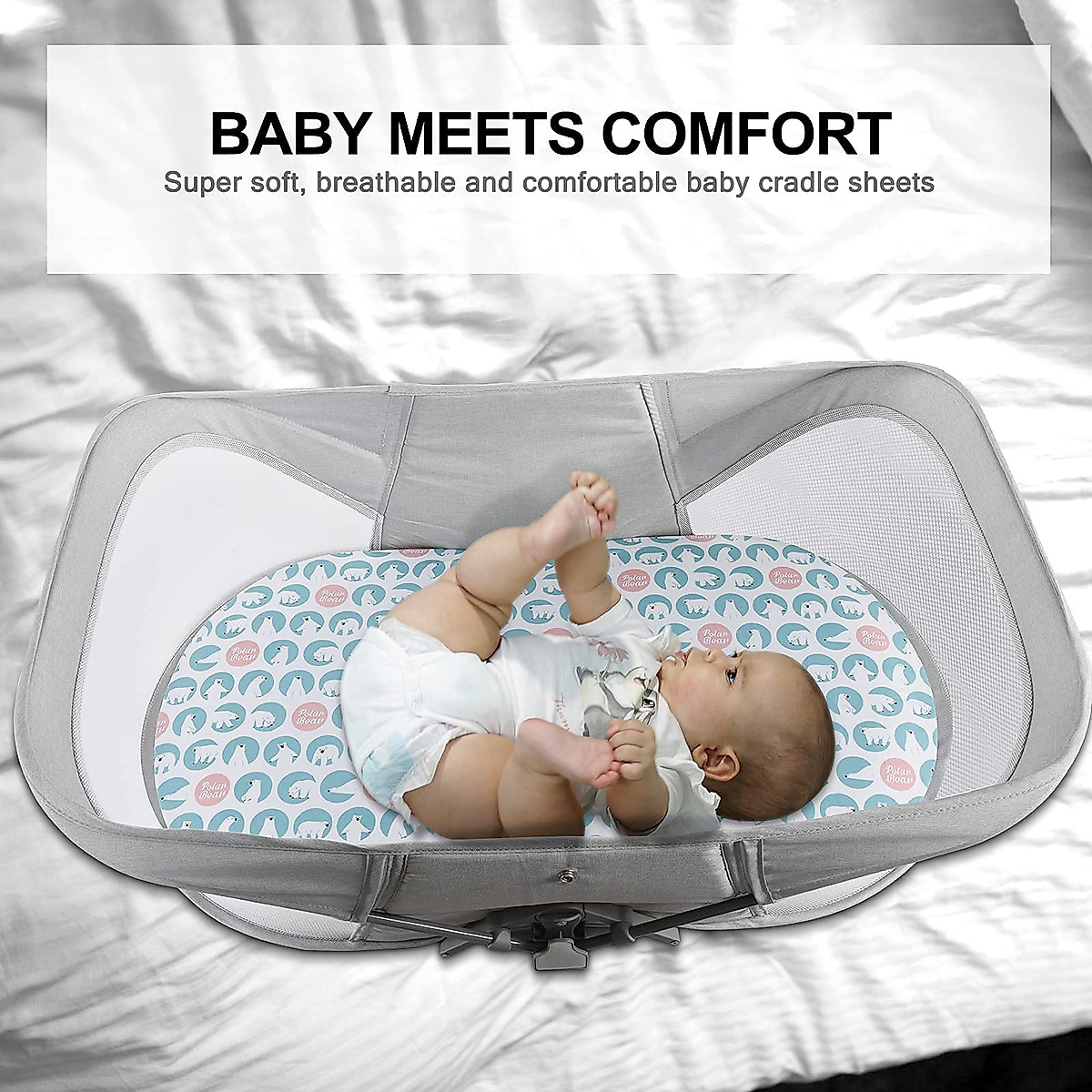 LuckyDove Bassinet Sheet Set 2 Pack, Cradle Sheets for Bassinet Pad/Mattress,Universal Cradle Sheet Set for Rectangle, Oval, or Hourglass Bassinet Pad/Mattress,Unisex Boys Girls,Stars&Polar Bear