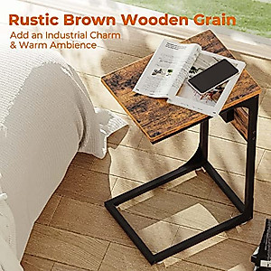 SUPERJARE C Shaped End Table with Charging Station, Bed Side Table with USB Port & Outlet, Couch Table, C Table for Living Room & Bedroom, Rustic Brown