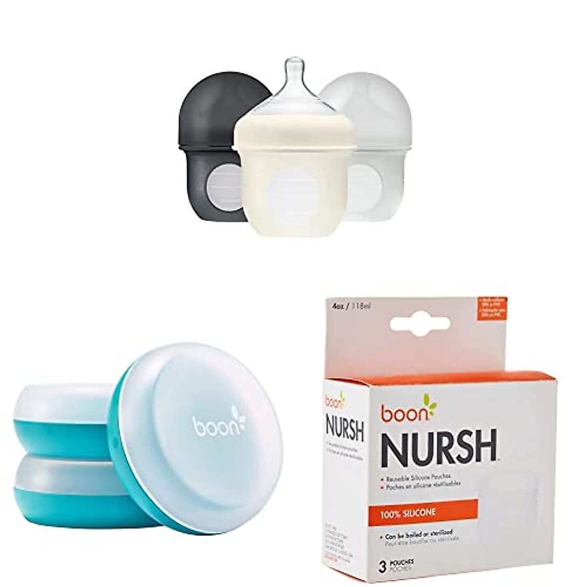 Boon NURSH Reusable Silicone Baby Bottles & NURSH Storage Buns (Pack of 3), Blue-White,3 Count (Pack of 1) & NURSH Reusable Silicone Replacement Pouch, 4 Ounce (Pack of 3)