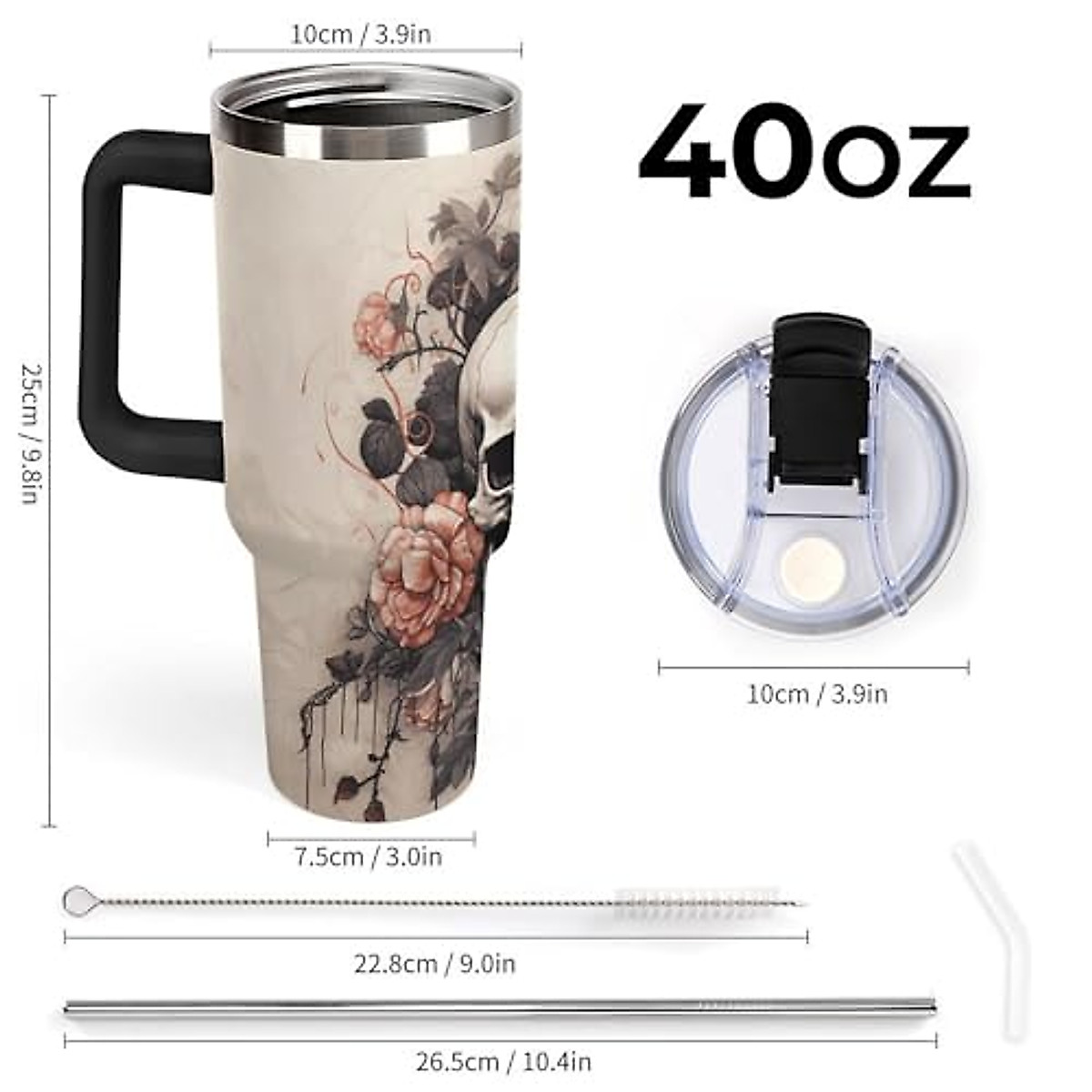LLUTSNTH 40 Oz Vacuum Tumbler with Black Handle Leakproof Insulated Tumbler Ancient Skull And Flowers Stainless Steel Travel Mug with Lid And Straw Coffee Cup Cute Water Bottles Cup Holder Friendly