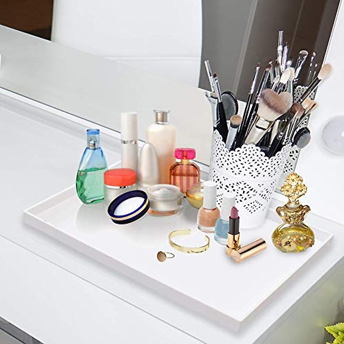 Black and White Plastic Tray Set 14 x 9.6 in, Large Vanity Organizer Bathroom Counter Tray, Kitchen Tray for Counter, Multi-Purpose Utility Trays (Pack of 2)