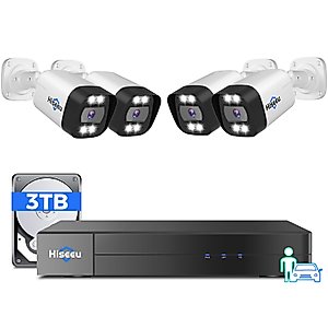 【2-Way Audio+3TB HDD】 Hiseeu 4K PoE Security Camera System,Vehicle/Human Detect, 8MP NVR w/4Pcs 5MP IP Security Camera Outdoor, IP 67Waterproof, Free Motion Alerts, 24/7 Home Surveillance NVR Kit