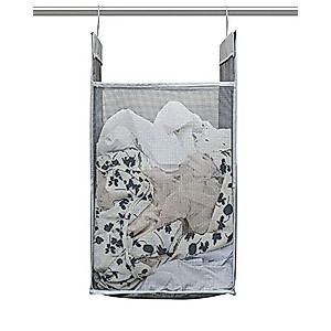 ALYER Hanging Collapsible Closet Mesh Laundry Hamper,Heavy Duty Laundry Basket and Durable Dorm Bathroom Storage Bag with Two Hangers,Gray