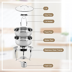 BriSunshine 6 QT Chafing Dish Buffet Set with Serving Spoons, 2 Packs Stainless Steel Round Chafing Dishes with Glass Lid & Lid Holder, Food Warmers for Parties Buffet Weddings Catering Events