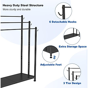 AnBaiMei Extra Large Free Standing Towel Rack with Metal Storage Shelf & 6 Hooks for Bathroom, 3 Tiers Heavy Duty Blanket Drying Stand Holder for Outdoor Pool, Bedroom, Living Room, Black