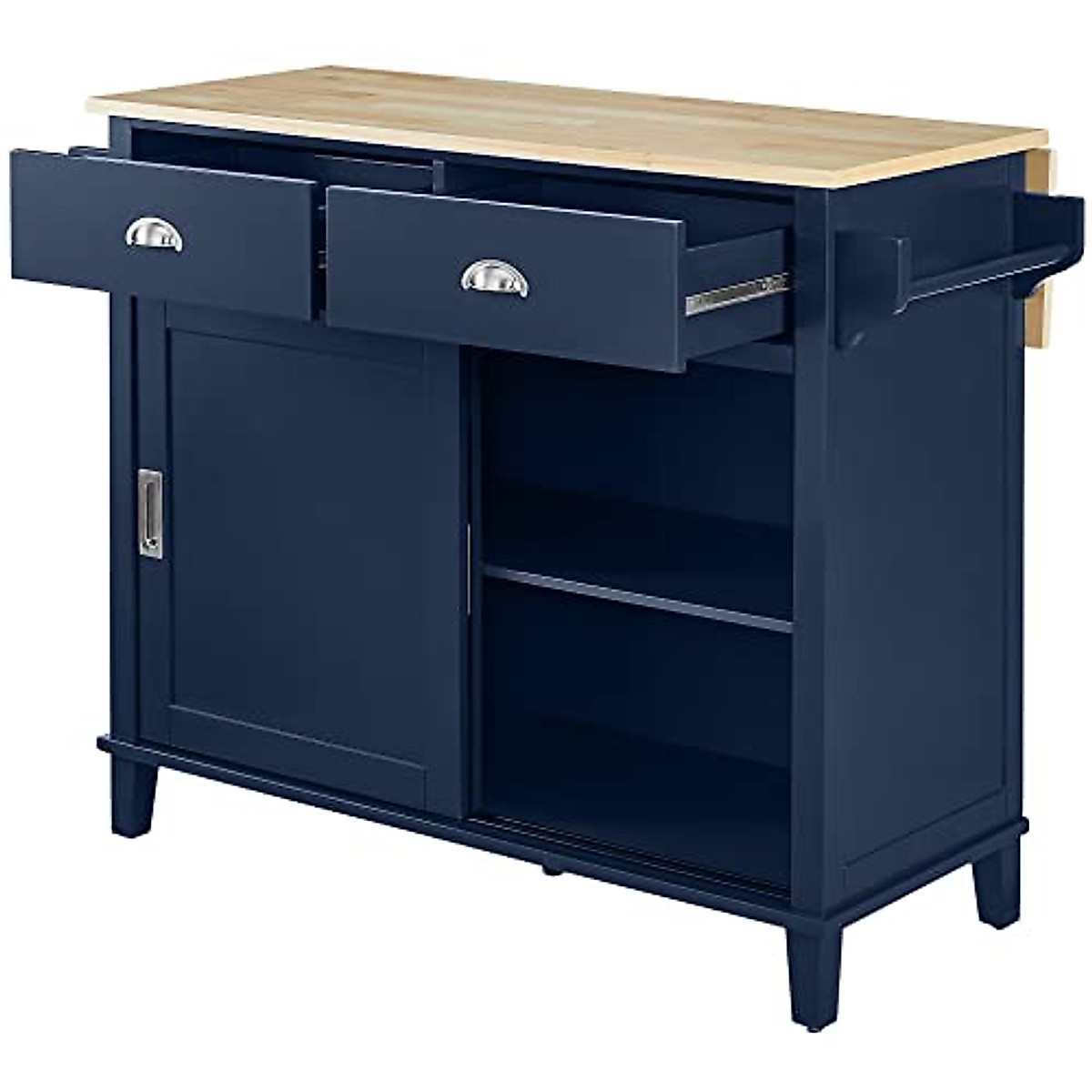 Crosley Furniture Cora Drop Leaf Kitchen Island Microwave Stand, Coffee Bar with Storage Drawers and Shelves, Navy