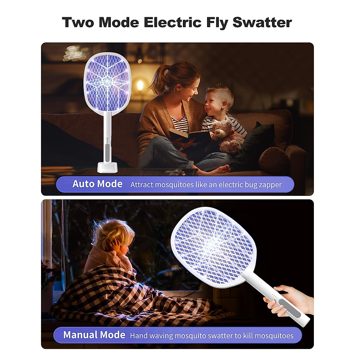 2PACK Electric Fly Swatter,4000V Bug Zapper Racket,2 in 1 Mosquito Zapper Racket with 1200ml Battery Rechargeable Purple Mosquito Killer Lamp with 3 Layers Safety Net Suitable for Indoor and Outdoor