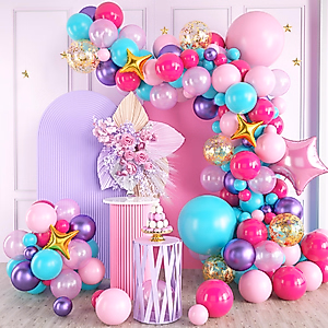 Pink Purple Balloon Arch Kit, Blue Pink Purple Balloon Arch Kit, Hot Pink Teal Balloons Arch, Hot Pink Balloon Garland With Confetti and Foil Balloons for Girls Birthday Party Decorations