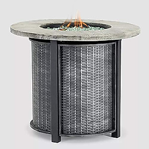 RST Brands Sego Lily Logan Steel Outdoor Patio Round Fire Table, with Fiber Concrete Top, 40000 BTUs, PE Wicker, Backyard, 30x30 Inch, Gray