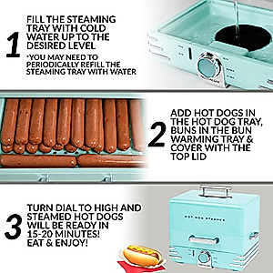 Nostalgia Extra Large Diner-Style Steamer, 20 Hot Dogs and 6 Bun Capacity, Perfect for Breakfast Sausages, Brats, Vegetables, Fish, Aqua