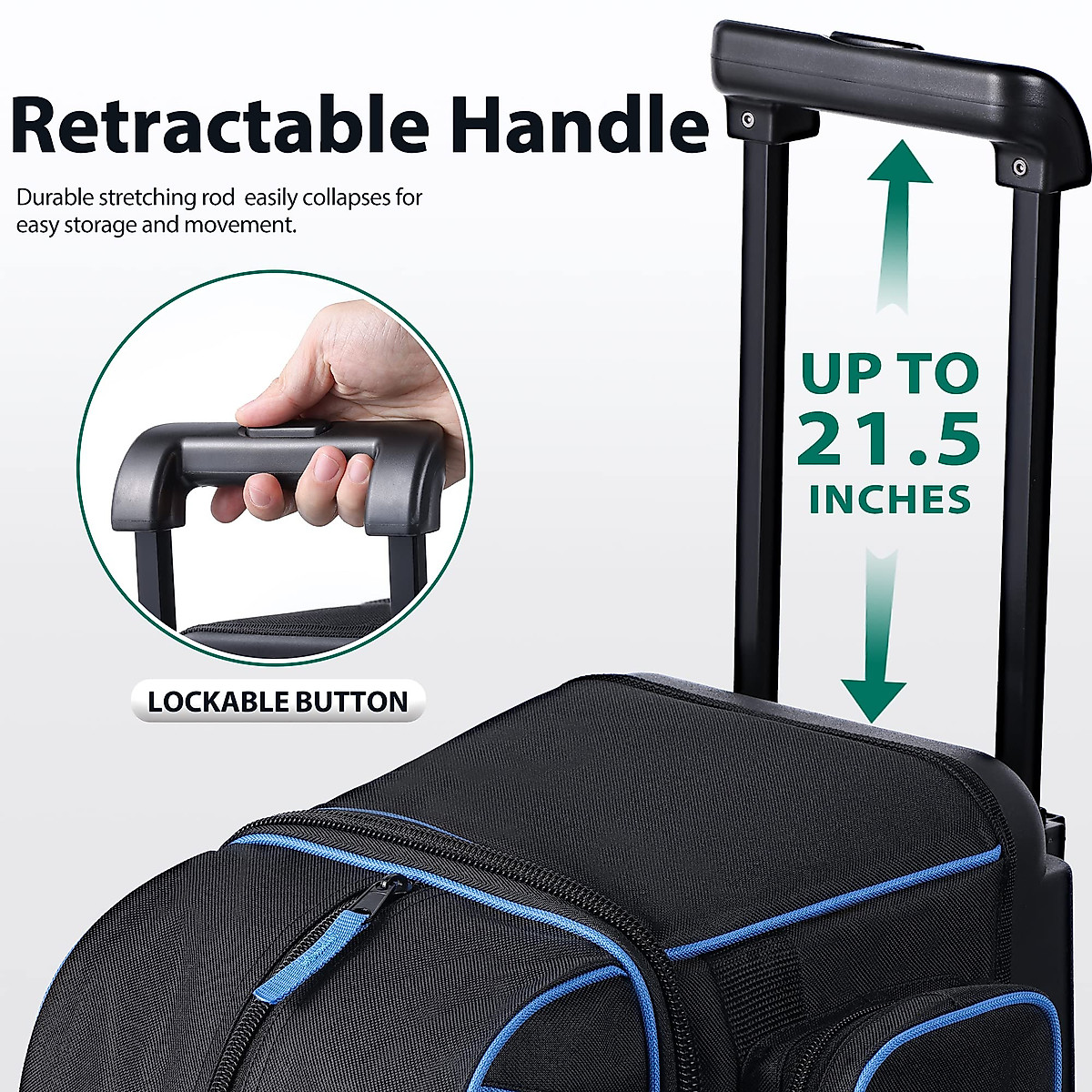 GoHimal Double Roller 2 Ball Bowling Bag with Separate Shoe Compartment for Bowling Shoes (Up To US Mens Size 15) and Oversized Accessory Pocket, Retractable Handle - Extends to 40" (Black-Blue)