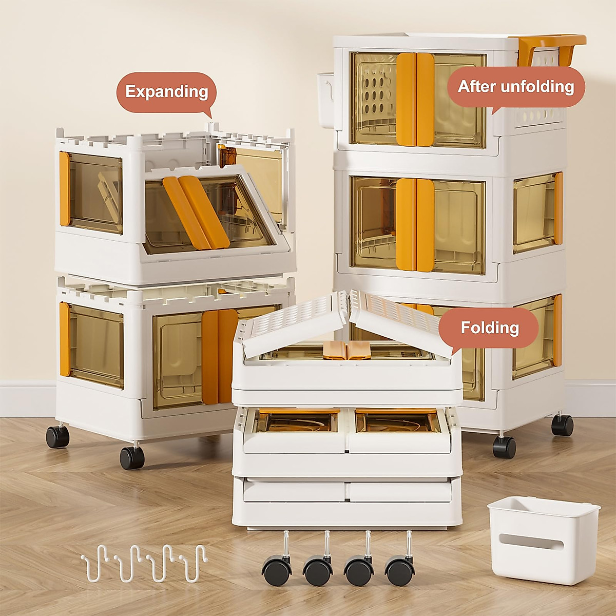 Sineda Storage Bins with Lids - 28 Quart Collapsible Storage Bins, Stackable Storage Bins with Wheels and Door, Ideal for Storage and Organization.(Off White - 3Pack)