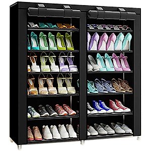 TXT&BAZ 36-Pairs Portable Shoe Rack Double Row with Nonwoven Fabric Cover (7-Tiers Black)