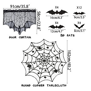 Anditoy 6 Pack Halloween Decorations Sets Spider Webs Tablecloth Fireplace Scarf Runner Round Cobweb Table Cover Lampshade Door Curtain with 24pcs 3D Bats for Halloween Decor Indoor Party Supplies