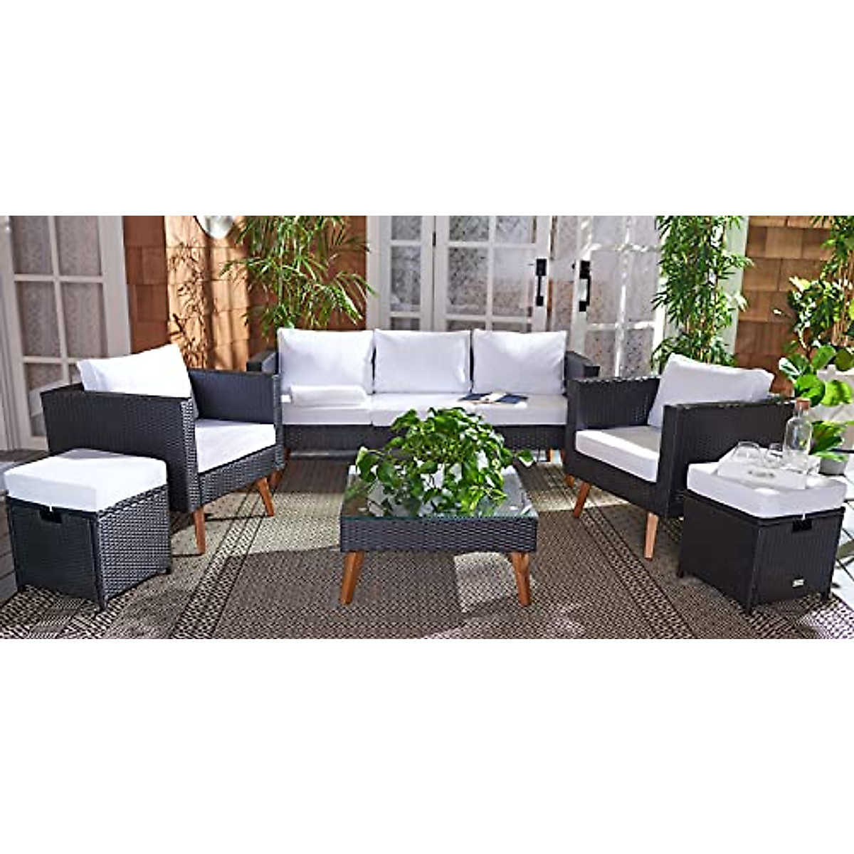 Safavieh Outdoor Collection Presla Wicker Cushion 6-Piece Living Set PAT7715A-3BX, Black/White
