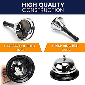 [4 Pack] Call Bell with Handle and Counter Bell - Silver Desk Bells, Stainless Steel Hand Bell, Loud Ring for Elderly, Doorbell, Hotel Reception, Restaurant, Kitchen, Store, School, Teacher