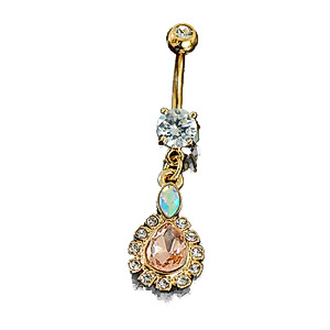 14K Gold Plated CZ Rounded Teardrop Center Dangling Navel Belly Button Ring 14g