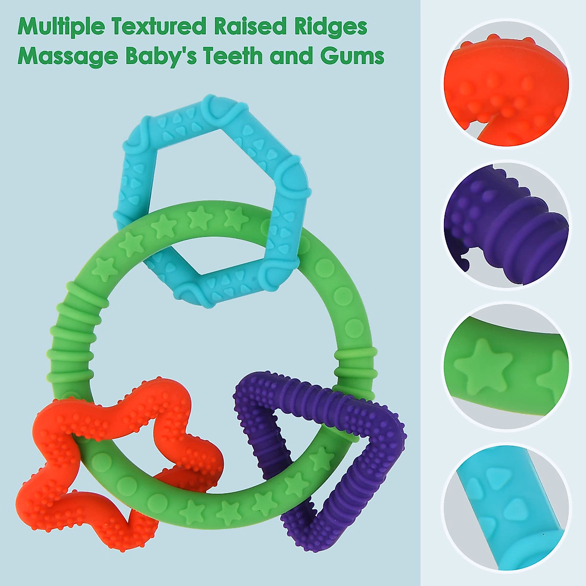 Teething Ring Toys for Babies 6+ Months, Btrfe Baby Soft Silicone Teether with Multiple Raised Textures, Teething Relief, Soothing Gums, Colorful Ring Geometry