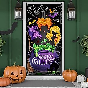Deroro Halloween I Smell Children Door Cover Decorations, Sanderson Sisters Witches Hocus Pocus Front Door Banner Background, Spider Web Bats Black Cat Holiday Indoor Outdoor Home Decor 3 x 6 FT