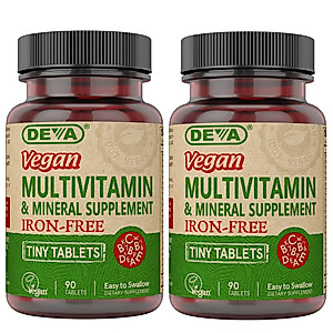 DEVA Tiny Tablets Vegan Multivitamins for Women & Men, Multivitamin Iron Free, Mineral Supplement, Vitamin C, Vitamin B Complex, Vitamin B12, Vitamin E, Zinc, Gluten free (2 Pack - 90 Tablets Ea)