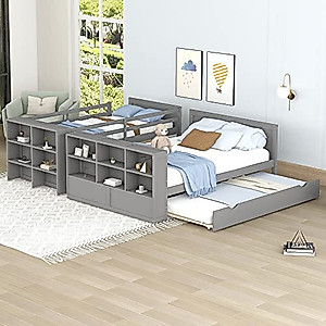 BIADNBZ Twin Over Full Bunk Bed with Trundle and Shelves Storage, Wooden Versatile Detachable BunkBed Frame for Kids Teens Adults Bedroom Dorm, Grey