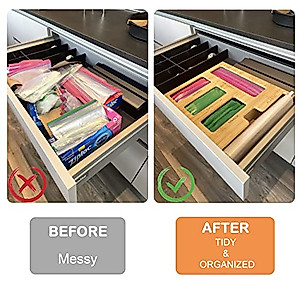 MillTu Ziplock Bag Storage Organizer for Kitchen Drawer, 5 in 1 Bamboo Food Storage Bag Organizer with Plastic Wrap Organizer, Compatible with Gallon, Quart, Sandwich, Snack Bag ＆ Kitchen Rolls