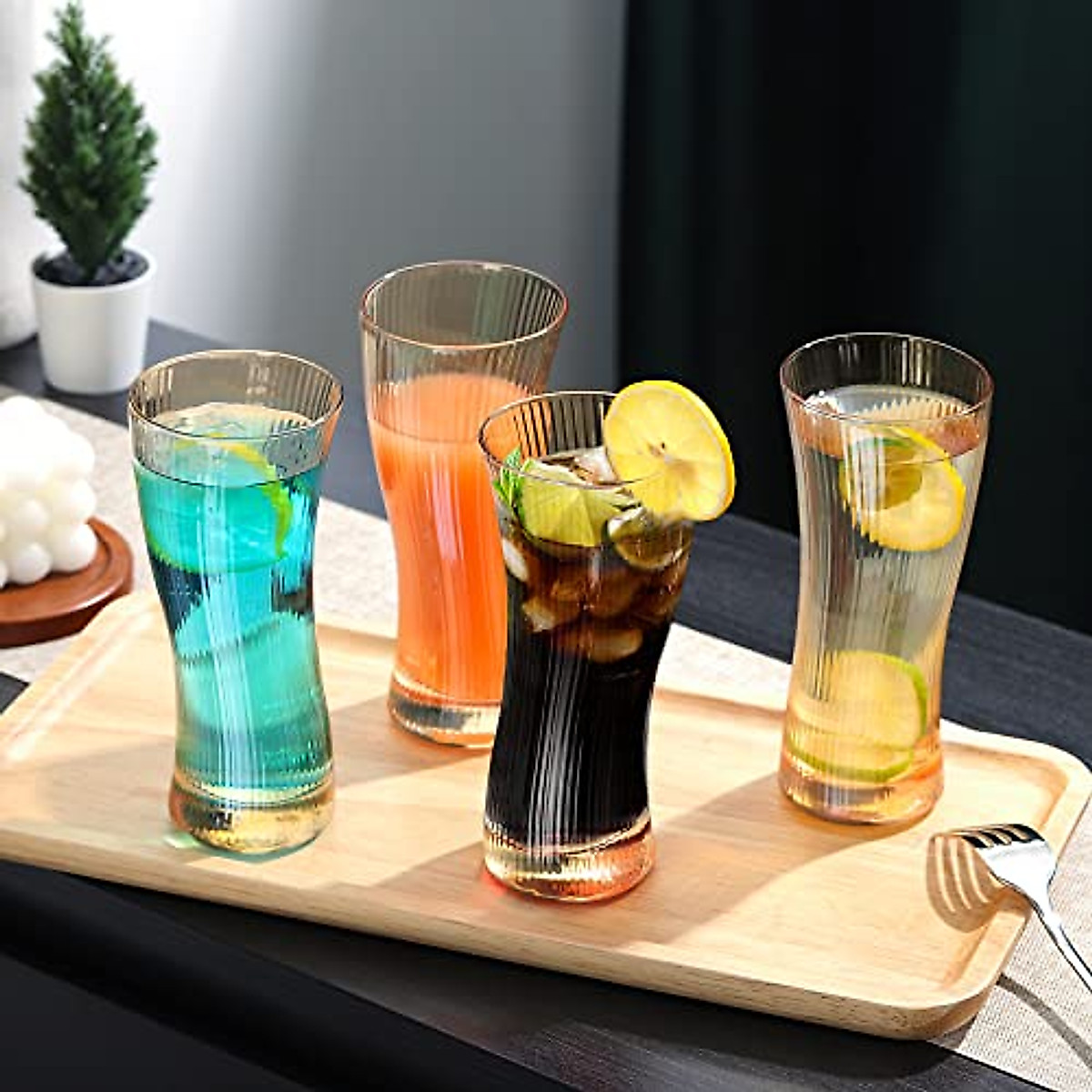 Joeyan Water Juice Cocktail Drinking Glasses Cups,Origami Style Glassware,Ripple Highball Glass,Modern Ribbed Tumblers for Iced Tea Coffee Beverages Wine Beer,Hand Made,13.5 oz,Set of 4,Amber