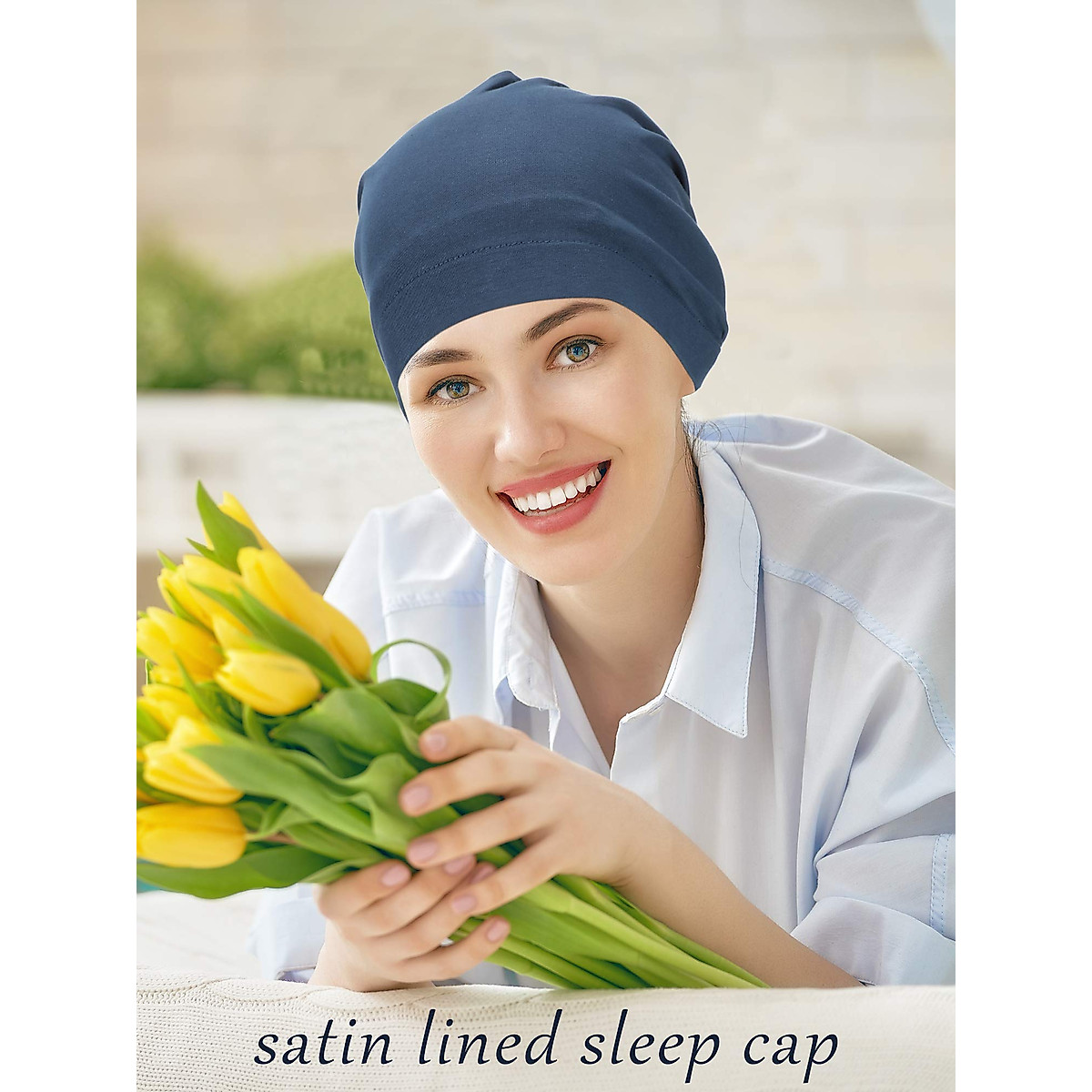SATINIOR 4 Pieces Satin Lined Sleep Cap Hat Slouchy Beanie Slap Hat for Women (Black, Grey, Dark Blue, Pink), Medium