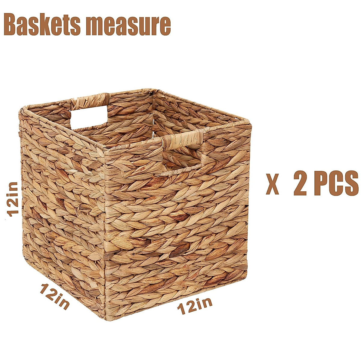 Wicker Storage Basket Water Hyacinth Woven Basket Wicker Storage Cubes,Foldable Baskets for Shelves,Handwoven Laundry Totes for Bedroom,12x12x12inch,Set of 2