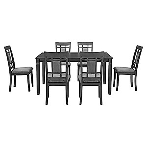 Merax 7-Piece Farmhouse Rustic Wooden Dining Set, Rectangular Table with 6 Padded Chairs, Gray