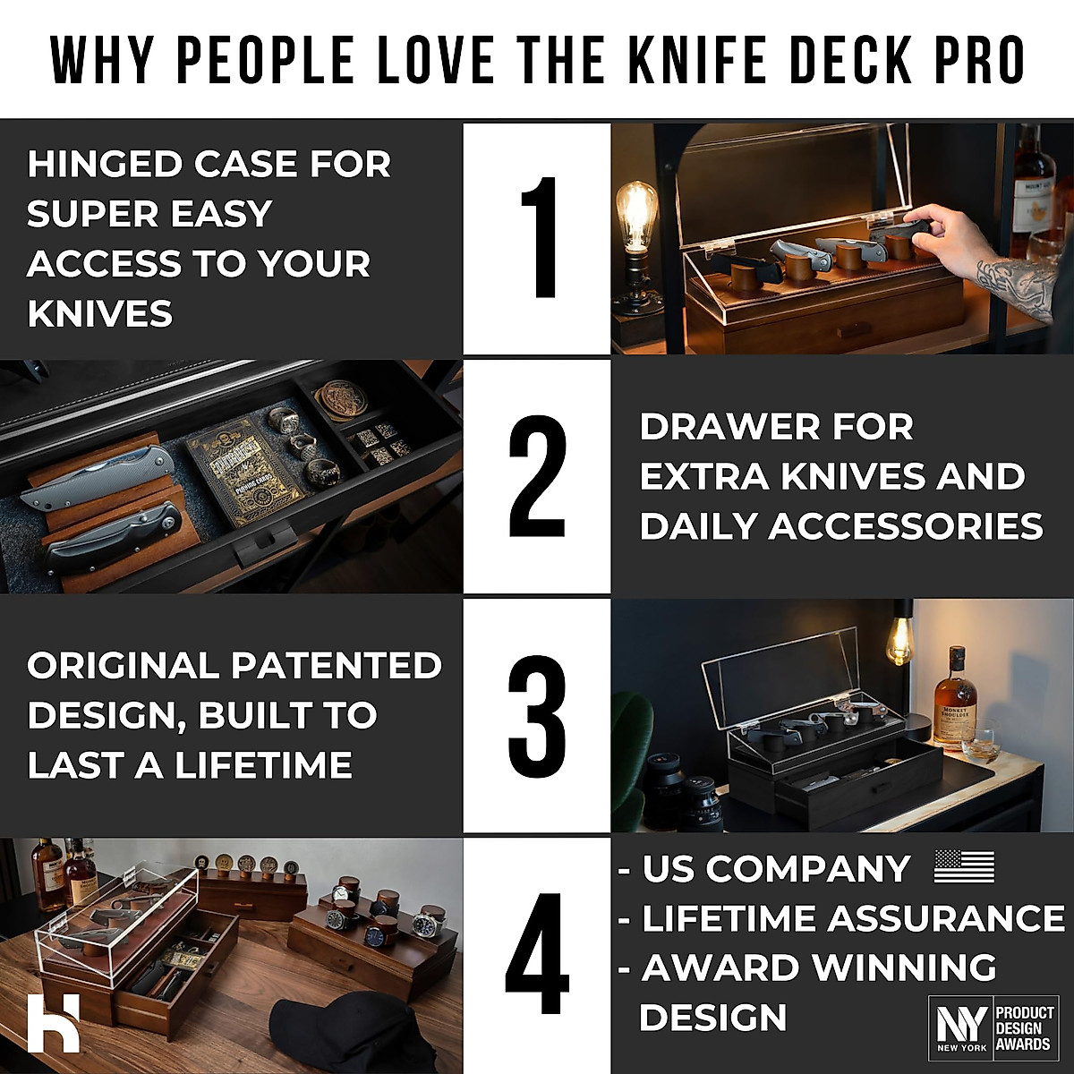 Showcase Your Knives with The Knife Deck Pro – Premium Pocket Knife Display Case for 6 Knives – Easy Access & Leather Lining – Drawer for Accessories – Wooden Pocket Knife Holder – Lifetime Assurance