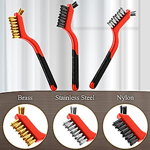 Wire Brush Set, 3 Pcs Stainless Steel/Brass/Nylon Wire Brushes for Cleaning with Curved Handle Grip for Rust Removal, Dirt, Paint Scrubbing(Red)