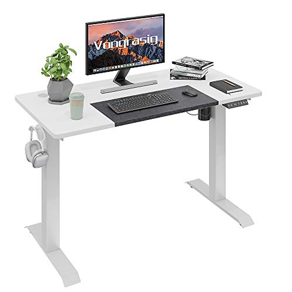 Vongrasig Height Adjustable Electric Standing Desk, 48 x 24 Inches Home Office Stand Up Table Computer Workstation with Splice Table Board & Memory Controller (White Frame + White Desktop)