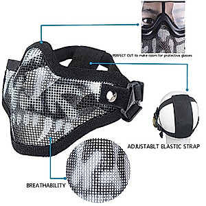 Airsoft Mask and Goggles - Airsoft Half Lower Face Mask Steel Metal Mesh for BB Gun/CS Game/Paintball/Shooting/Cosplay - Anti-UV Adjustable Combat Tactical Military Goggles for Men Women Kids