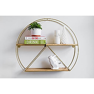 kimisty Gold Round Wall Shelves, Large Circular Floating Shelf for Bathroom, Living Room, Kitchen and Bedroom, Brass Geometric Wall Decor, Metal Sconce Shelf with Mango Wood, Boho Accent Display