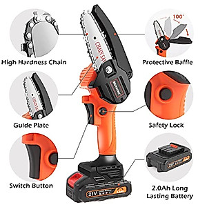 Blütezeit Mini Chainsaw Cordless, 4-Inch 21V Battery Power Chainsaw, Compact Handheld Electric Chainsaw Rechargeable for Wood Cutting, Branch Pruning, Tree Trimming (2 Batteries & 2 Chains Included)