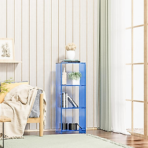 3 Tier Acrylic Bookcase, Clear Floor Standing Acrylic Bookshelf, 31.5 inch Tall Display Cube Storage Shelf Home Decor Furniture for Home, Office, Living Room, Bedroom, Blue