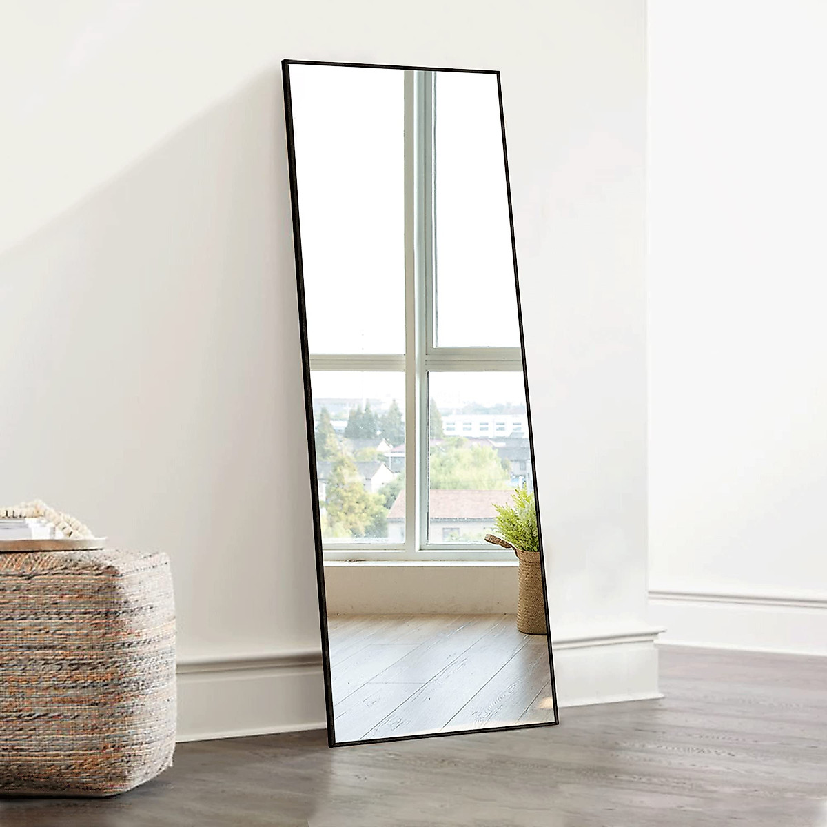 KIAYACI Full Length Floor Mirror with Stand 47"x16" Large Wall Mounted Full Body Mirror Horizontal/Vertical Bedroom Mirror Dressing Mirror Aluminum Alloy Frame Black