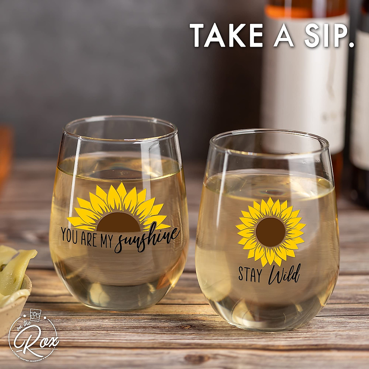 On The Rox Drinks Sunflower Wine Glasses Set of 2 - You Are My Sunshine - Sunflowers Gifts for Women and Kitchen Decor Accessories - Wine Tumbler Cup Glass Set - Sunflower Gift for House - 15 Oz