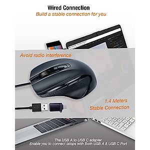 USB C Wired Mouse,INNOMAX USB-C Ergonomic/Large Size Mouse/6 Buttons with 3 Level DPI Adjustable Level, Page Down& UP Button for MacBook Pro, iPad Pro and Laptop with USB-C Port(Black)