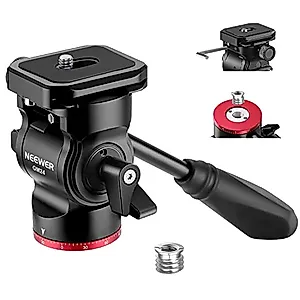 NEEWER Tripod Fluid Head Pan Tilt Head with Arca Type Quick Release Plate and Handle, Metal Panorama Head with Scaled Base (⌀37mm) for Compact Video Camera DSLR Camera, Load up to 6.6lb, GM24 (Red)