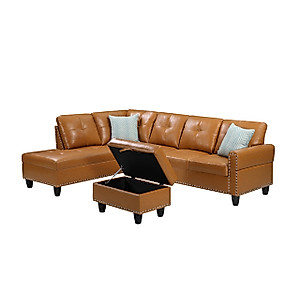 MMTGO L-Shape Faux Leather Modular Sectional Sofa with Storage Ottoman and Cup Holders, 4-Seater Tufting Upholstered Corner Couch for Living Room, Home Furniture, Apartment, Ginger