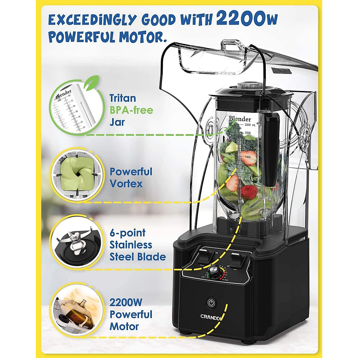 CRANDDI Commercial Quiet Blender, 2200 Watt Professional Countertop Blender with BPA-FREE 80oz Pitcher, Built-in Pulse & 15-speeds Control, Smoothie Blender for Commercial and Home, K90 Black