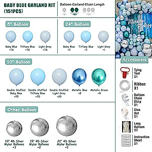 151pcs Blue Balloon Garland Kit with Silver Orbz Balloon Different Size Metallic Blue Light Gray Double Stuffed Balloon Arch for Boy Baby Shower Winter Wonderland Frozen Birthday Party Decorations