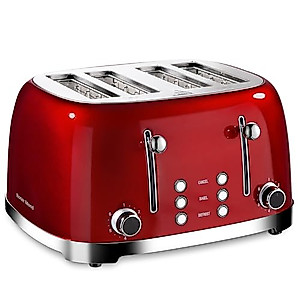 4 Slice Toaster Roter Mond Retro Stainless Steel Toasters with Bagel Defrost Cancel Function, 6 Browning Settings, Extre Wide Slot, Red