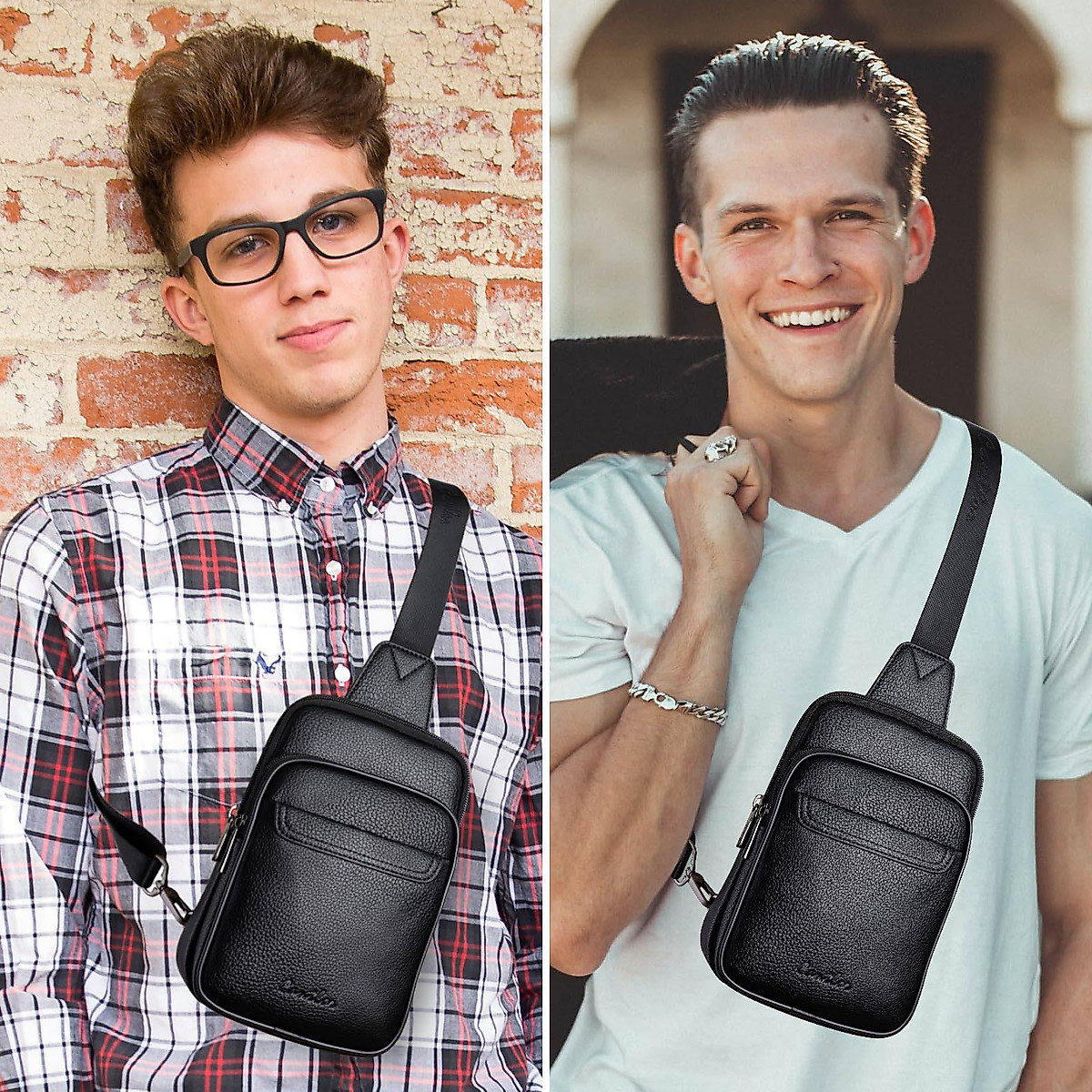 CANTLOR Small Leather Sling Bag Backpack for Men Crossbody Bag Fanny Pack Casual Hiking Travel Daypack